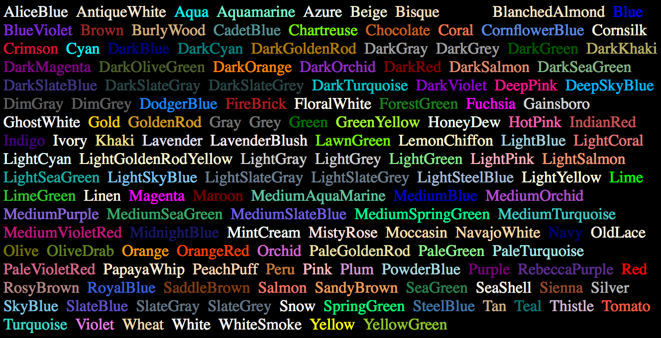 CSS Color Names A Quick Reference